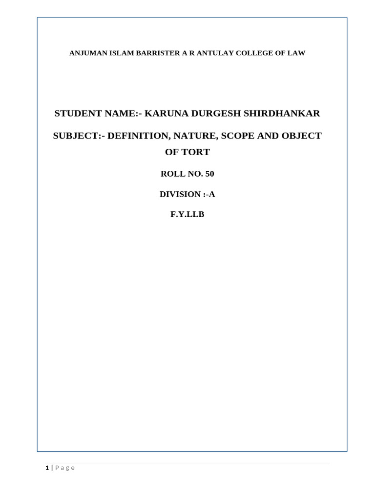 Defiition, Nature, Scope and Object of Tort | PDF | Tort | Damages