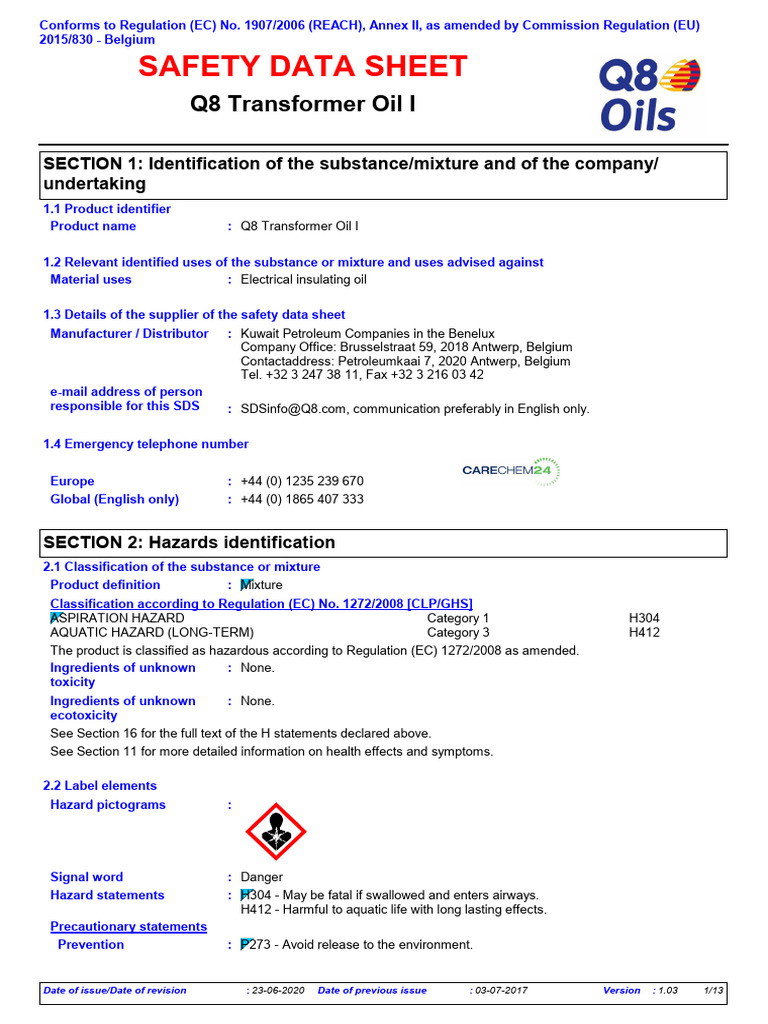 Q8 Transformer Oil I Safety Data Sheet | PDF | Occupational Safety And ...