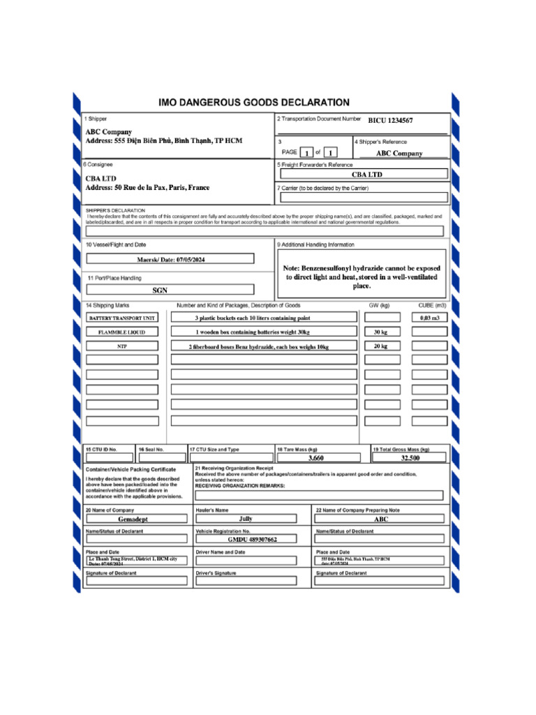 Imo Dangerous Goods Declaration | PDF