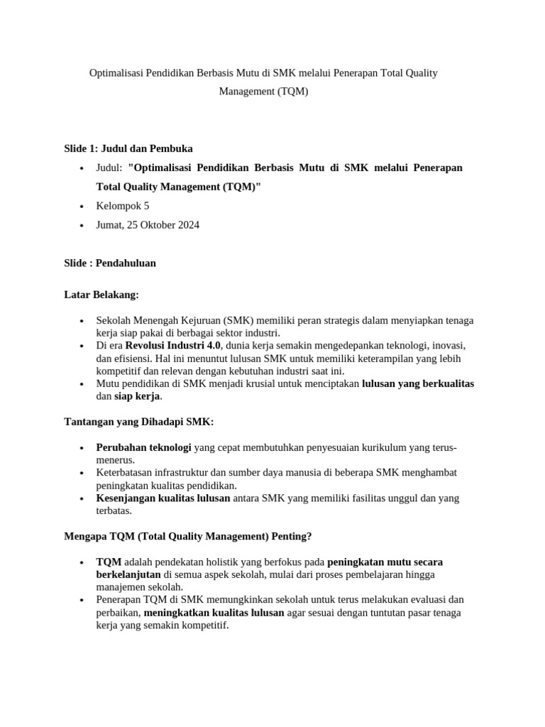 Optimalisasi Pendidikan Berbasis Mutu Di SMK Melalui Penerapan Total Quality Management | PDF