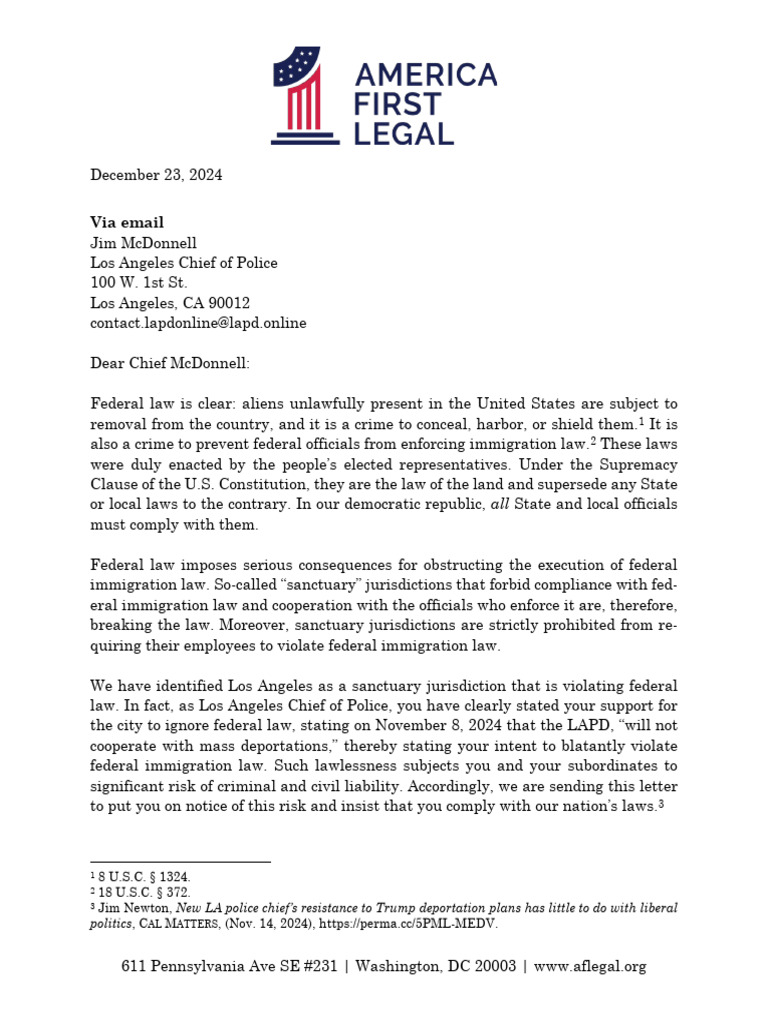 America First Legal Sanctuary City Letters | PDF | Title 18 Of The ...