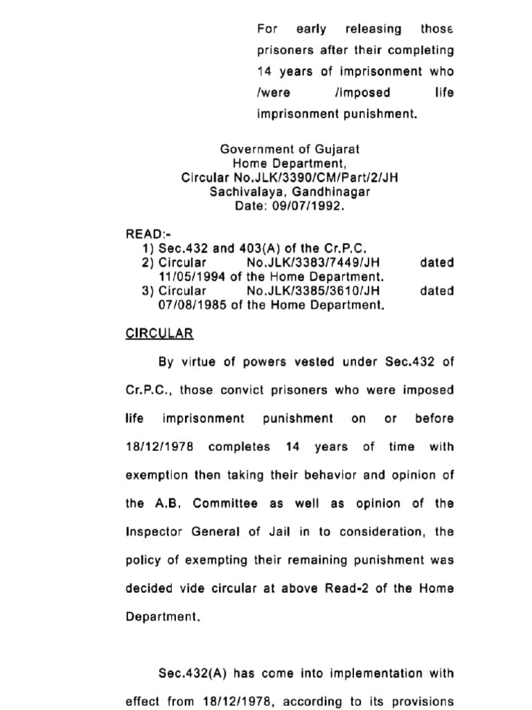 1992 Gujarat Remission Policy | PDF | Prison | Crimes