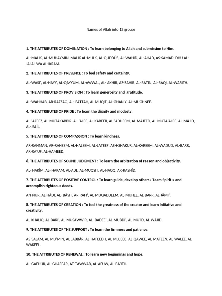 Names of Allah Into 12 Groups | PDF