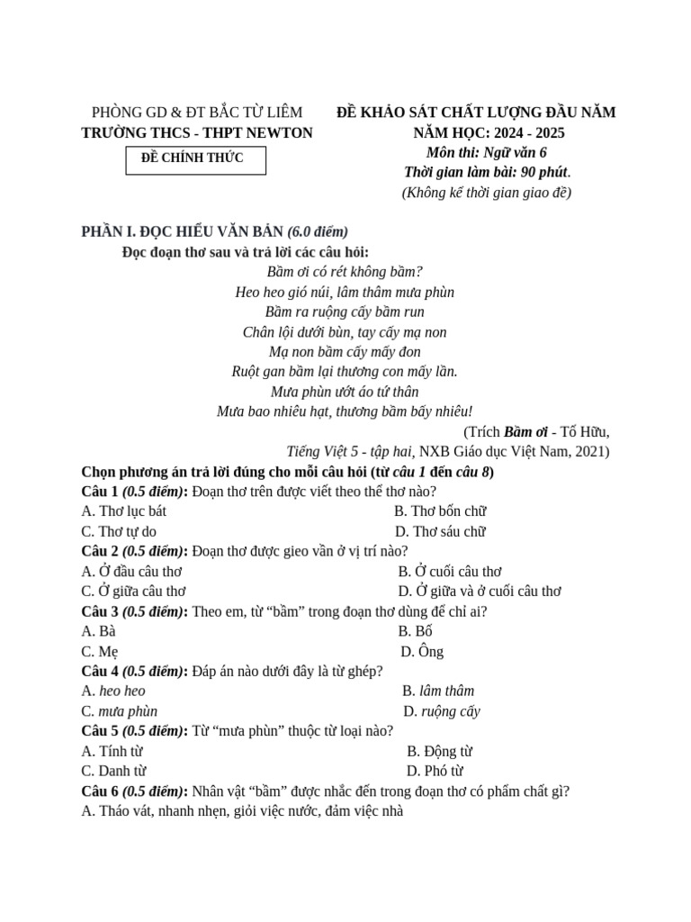 Đề KSCL Đầu Năm Văn 6 (24-25) | PDF