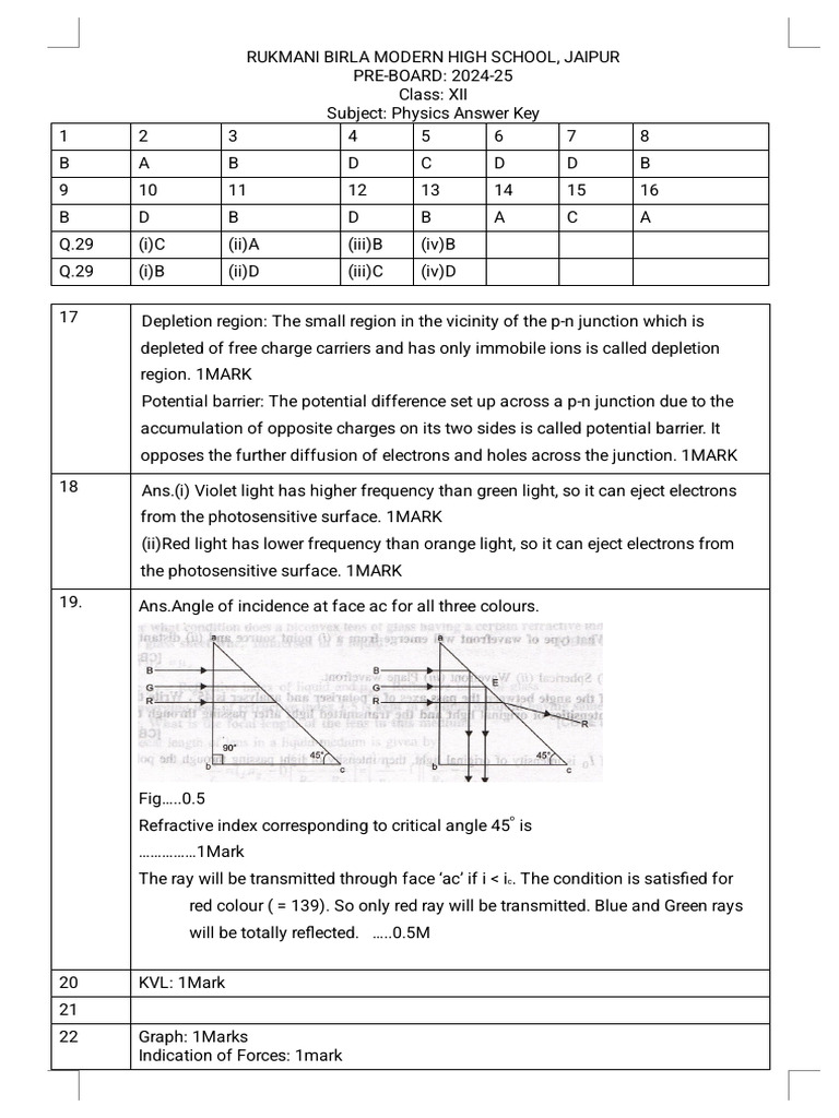 Answer Key XII Phy Paper PB 2024-25 | PDF | P–N Junction | Applied And Interdisciplinary Physics