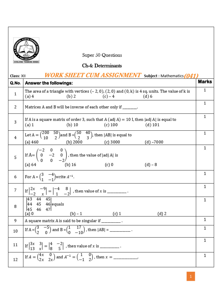 Super 50 Questions on Determinants for Class XII | PDF | Matrix ...