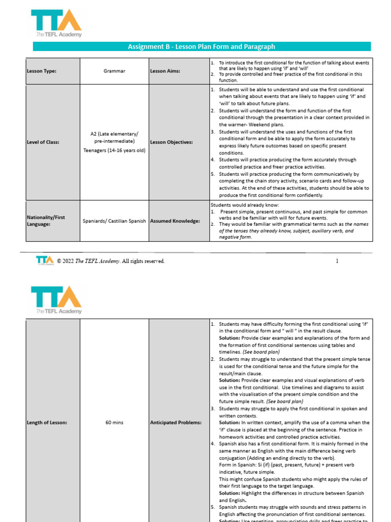 TFEL Academy Assignment 2 LessonPlan and Paragraph - Submission 1 | PDF ...