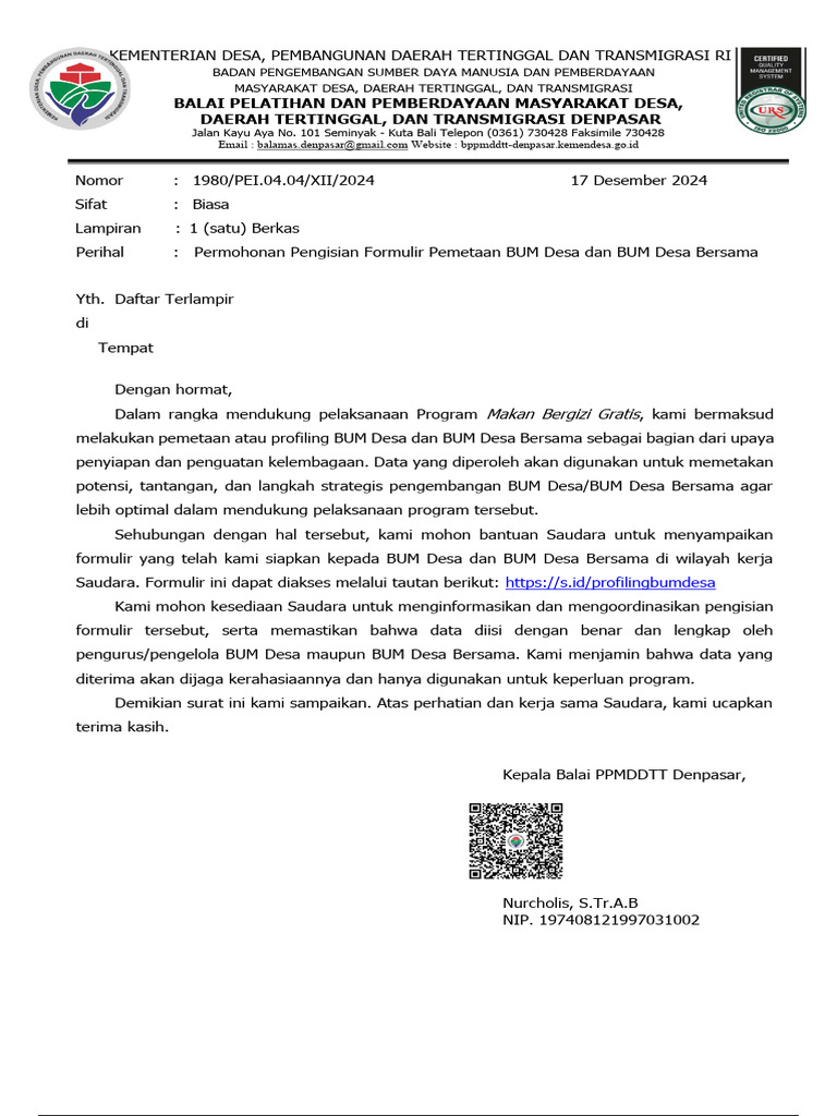 Surat Permohonan Pengisian Data Profil Bum Desa Dan Bum Desa Bersama | PDF