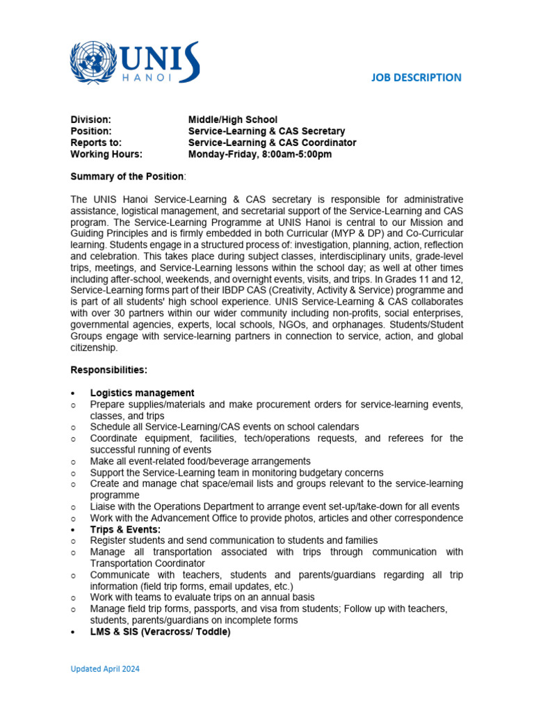 HR JD Service LearningCASSecretary | PDF | Service Learning