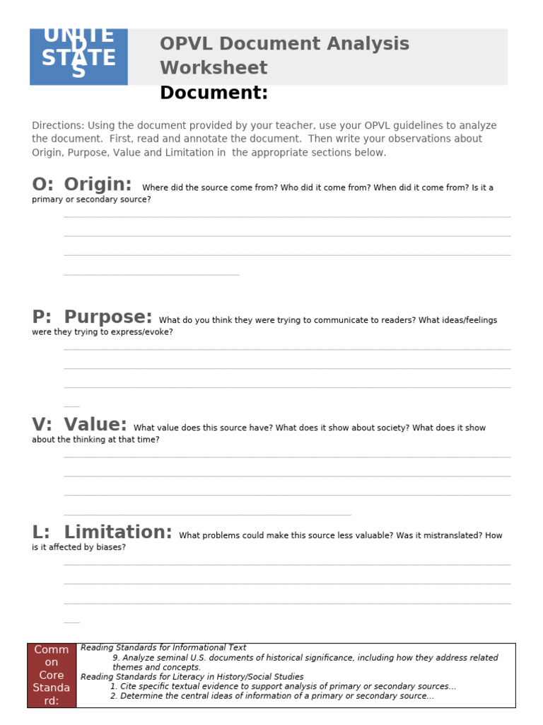 Opvl Document Analysis Worksheet Pdf Communication Cognition