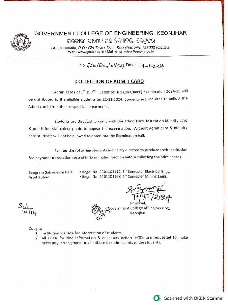 4202collection of Admit Cards of 5th 7th Semester Regular Back ...