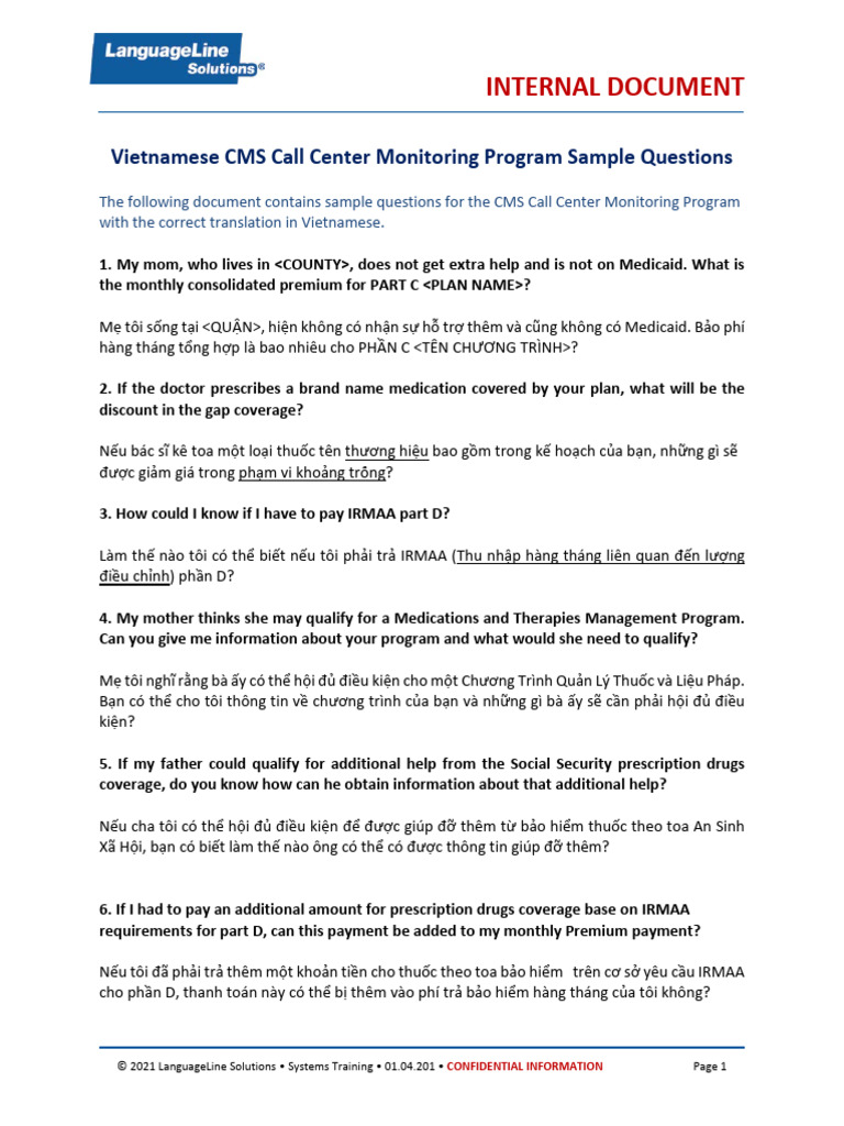 Vietnamese CMS Call Center Monitoring Program Sample Questions 2021 | PDF