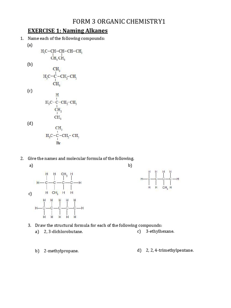 Alkanes Naming and Structures Exercise | PDF