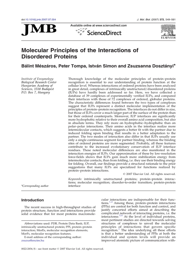 2007 - Molecular Principles of The Interactions of Disordered Proteins ...