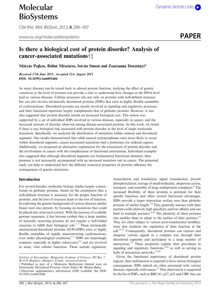2012 - Is there a biological cost of protein disorder? Analysis of ...