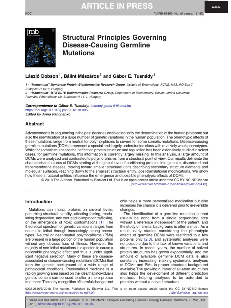 2018 - Structural Principles Governing Disease-Causing Germline Mutations | PDF | Mutation ...