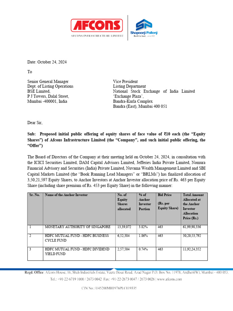 Anchor Intimation | PDF | Equity (Finance) | Mutual Funds