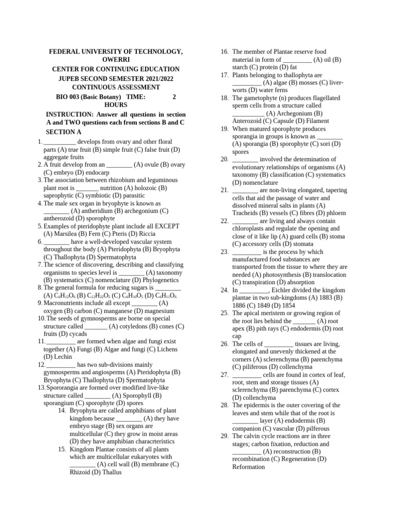 Botany Exam for JUPEB Students | PDF | Flowers | Plant Nutrition