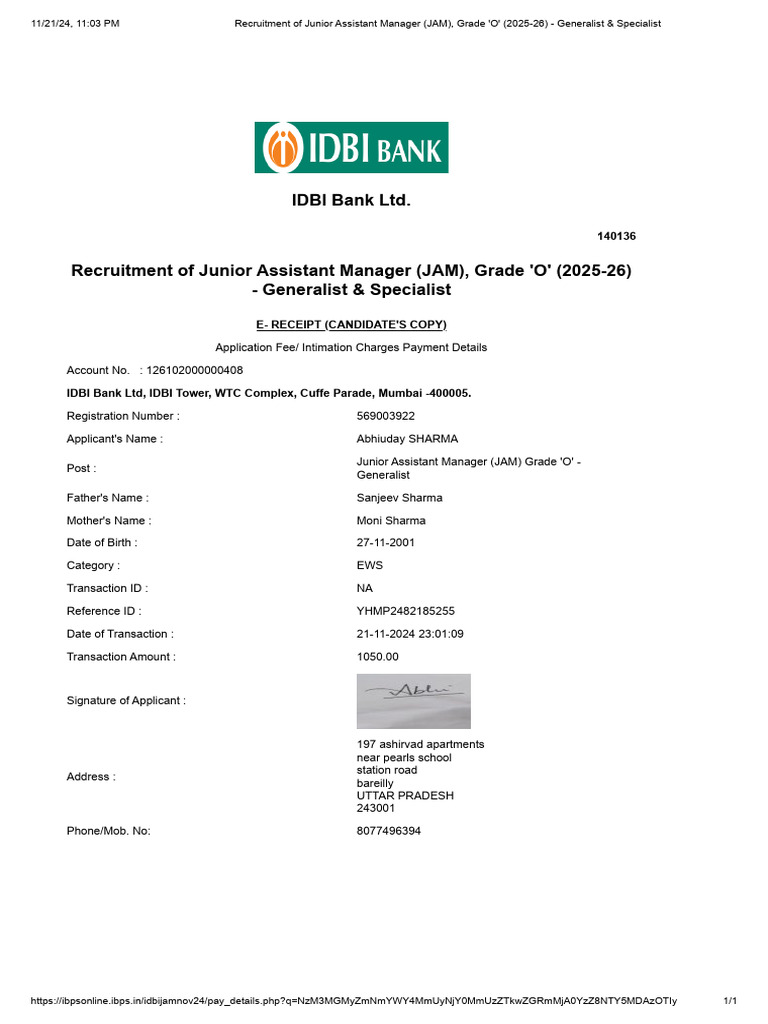 Recruitment of Junior Assistant Manager (JAM), Grade 'O' (2025-26 ...