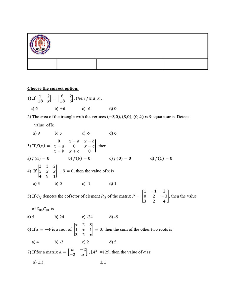 Worksheet XII Determinant 2024-2025 PDF | PDF | Functions And Mappings | Mathematics