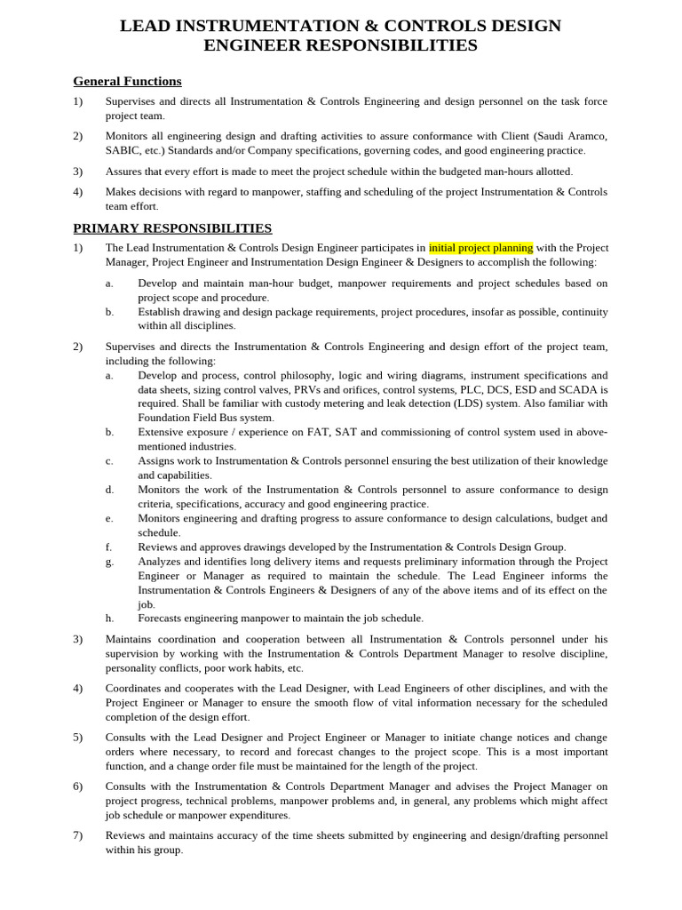 SR Engineer Responsibility | PDF | Instrumentation | Specification (Technical Standard)
