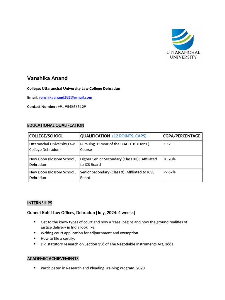 Vanshika Anand CV | PDF