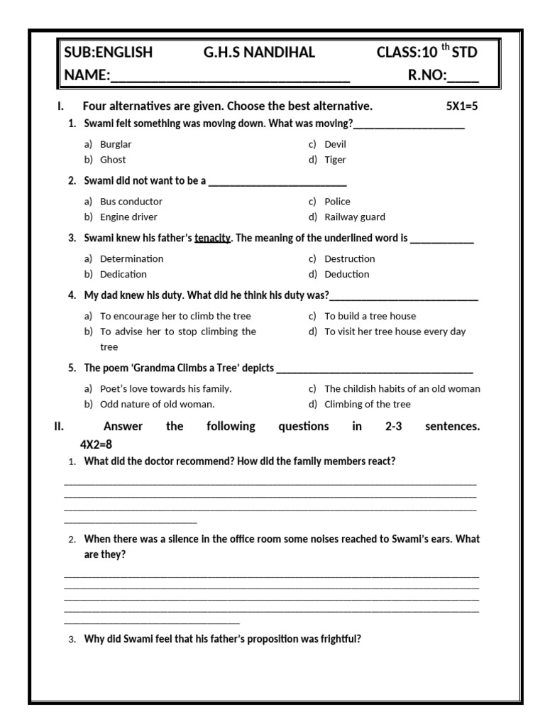 10th STD SL English Fa Question Papers 2022 | PDF | Verb | Linguistics