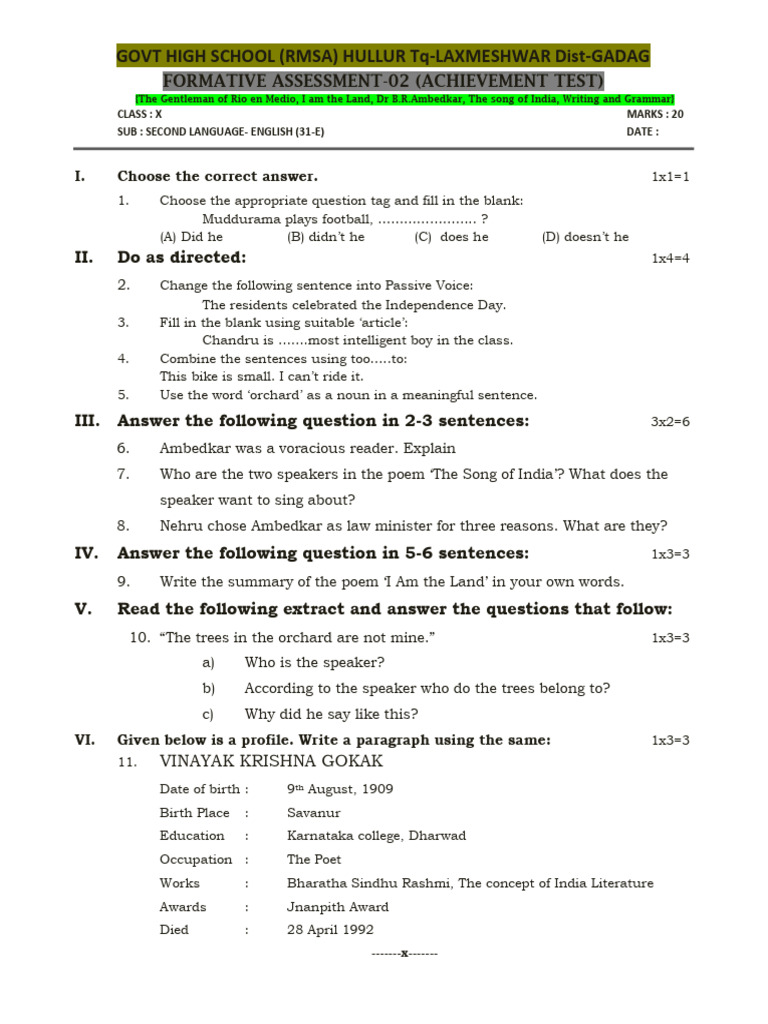 10th STD SL English Fa2 Question Paper and Key Answers 2022 by Ghs ...