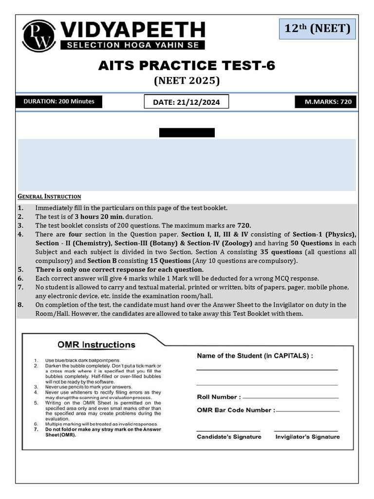 AITS Practice Test-6 - 12th NEET - (21-12-2024) - PAPER | PDF | Diode ...