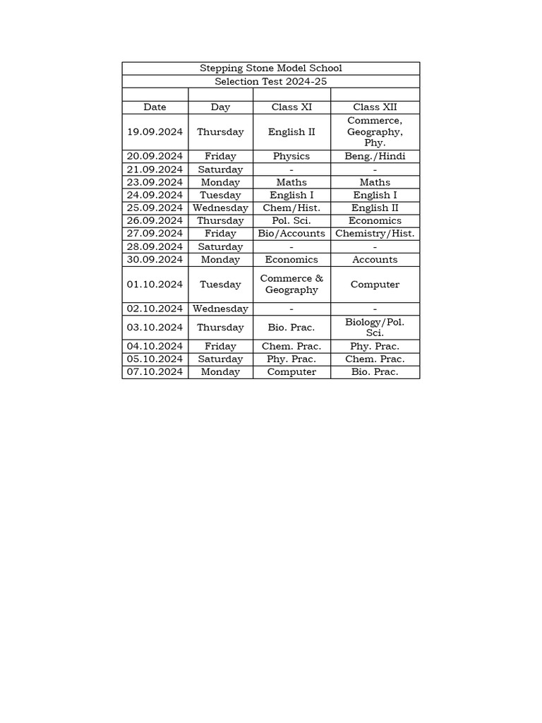 Class - XI & XII Selection Test Routine | PDF