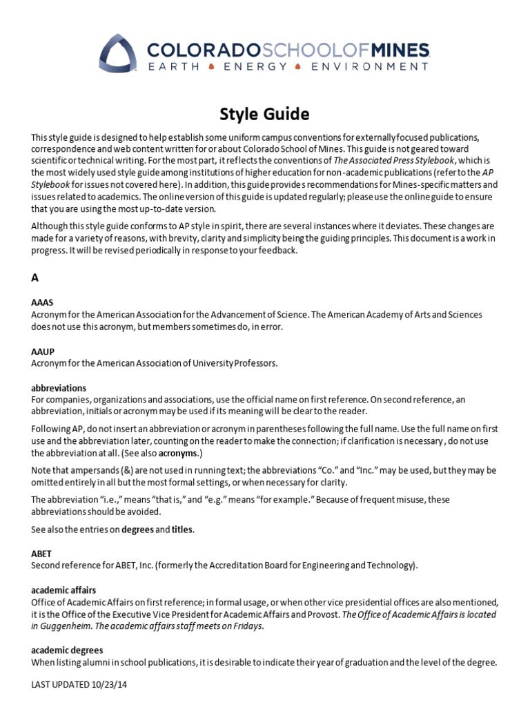 Mines Editorial Style Guide | PDF | Academic Degree | Acronym