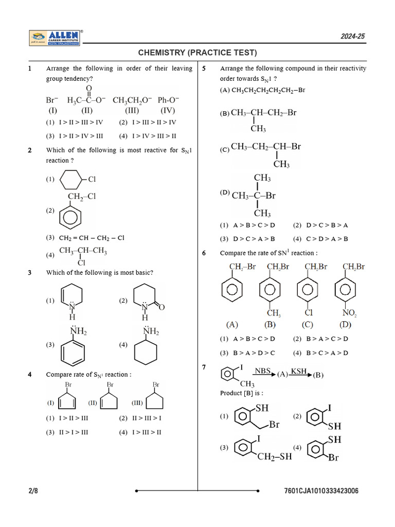 Alkyl Halide Practice Set-2 SC | PDF | Chemical Reactions | Chemical ...