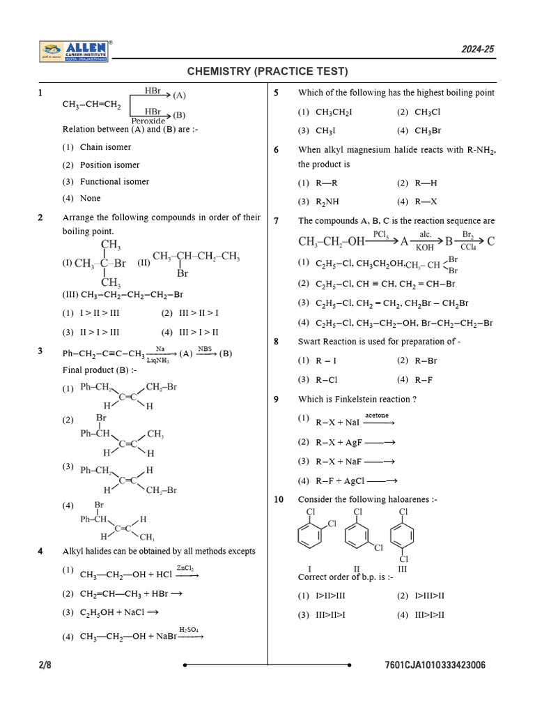 Alkyl Halide 1 - Practice Set - SC | PDF | Molecules | Chemistry