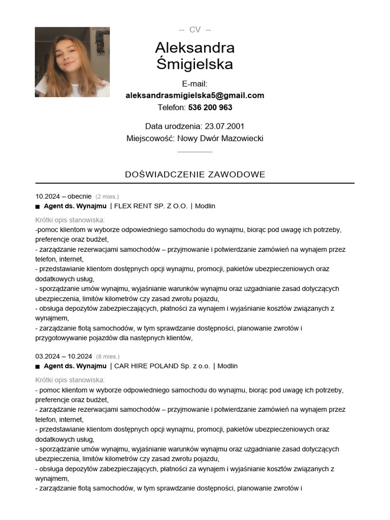 CV - Aleksandra - Śmigielska 3 | PDF