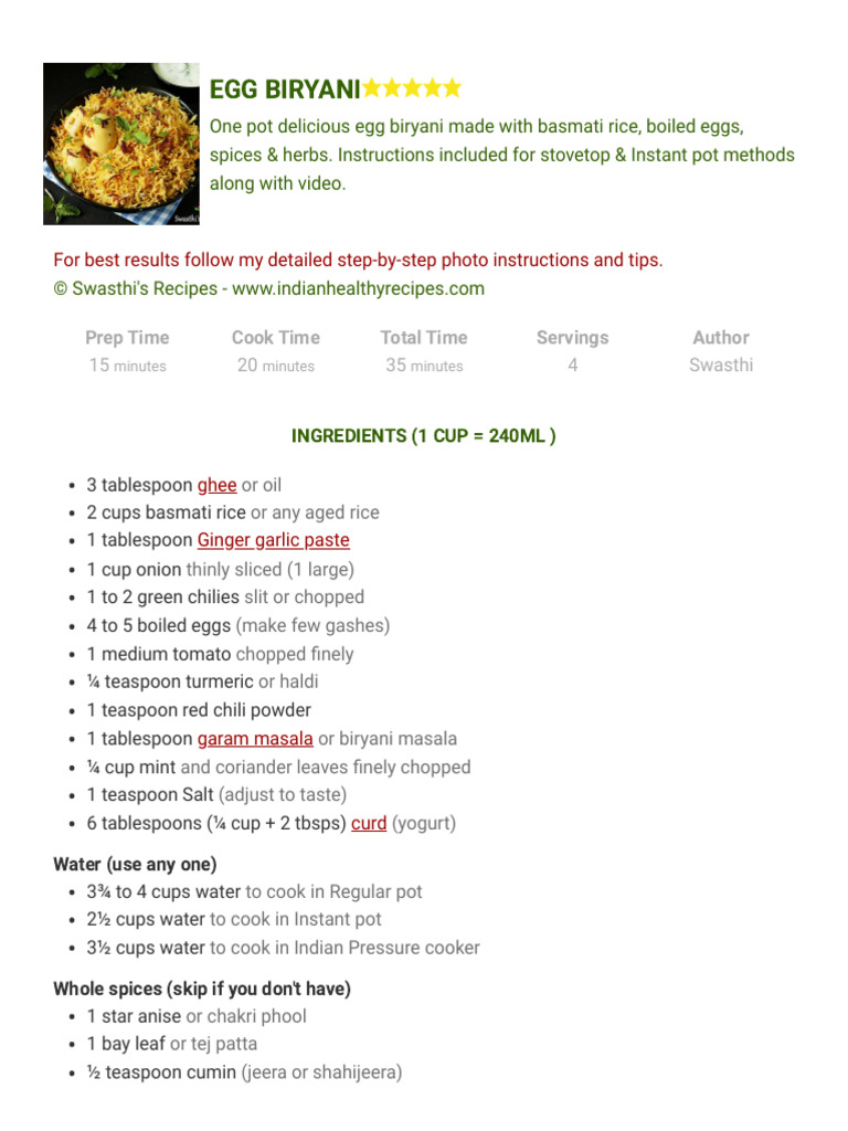 Egg Biryani - Swasthi's Recipes | PDF | Asian Cuisine | Foods