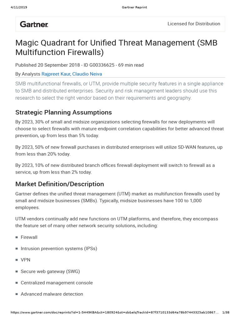 Magic Quadrant For UTM 2018 | PDF | Juniper Networks | Cloud Computing