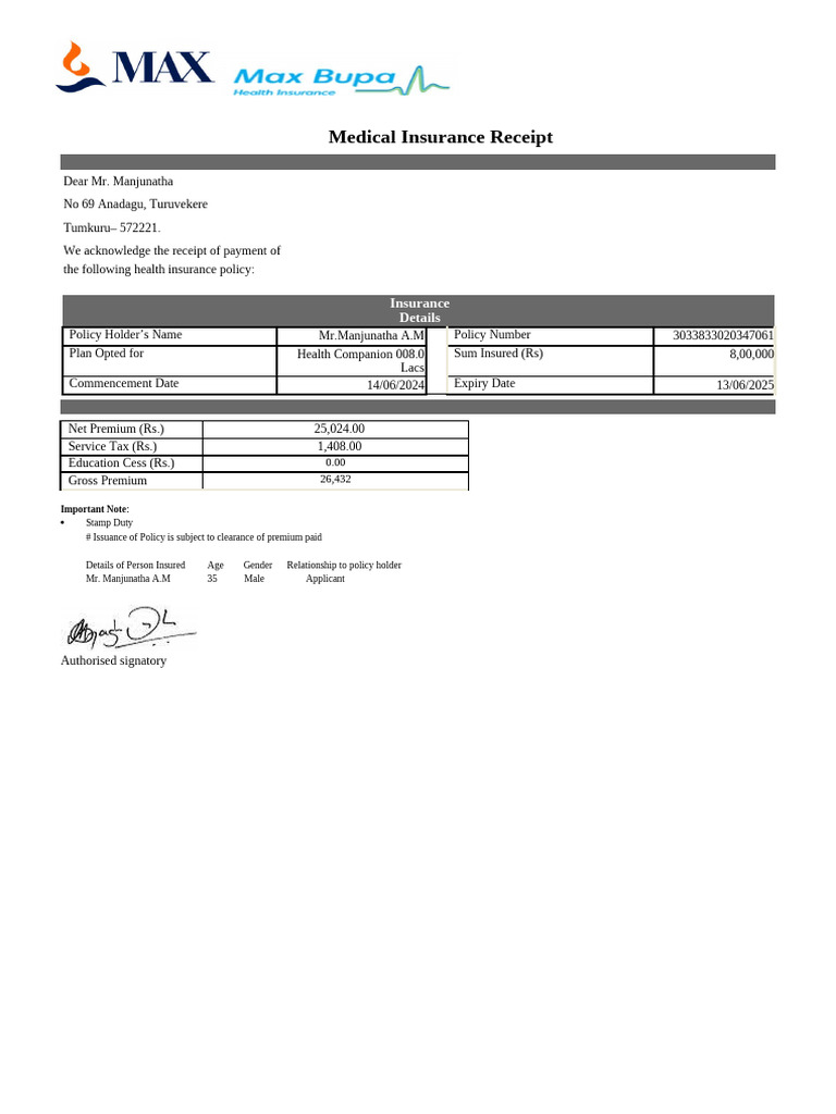Medical Insurance Receipt for Mr. Manjunatha | PDF