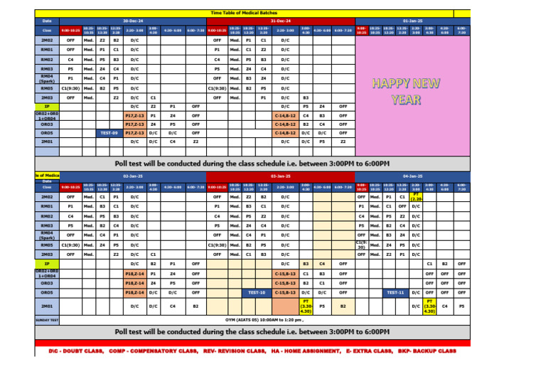 Medical Time Table - 30 Dec - 05 Jan | PDF