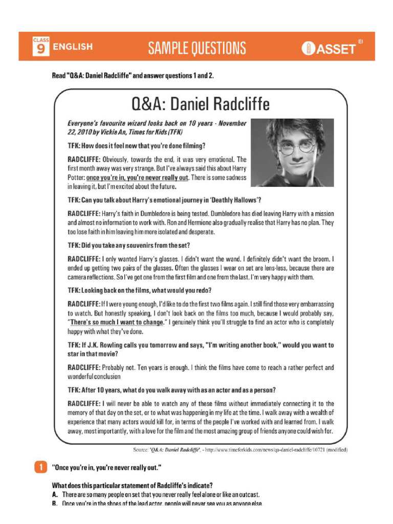 Class 9 ASSET English Sample Paper | PDF