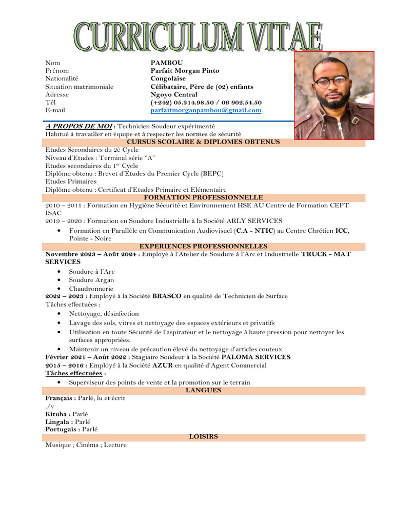 CV de Technicien Soudeur à Pointe-Noire | PDF