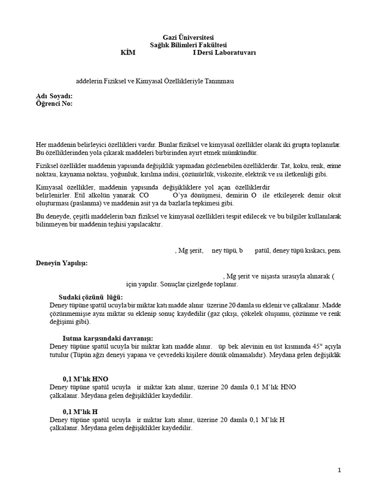 Deney-Maddelerin Fiziksel Ve Kimyasal Özellikleriyle Tanınması-DENEY ...