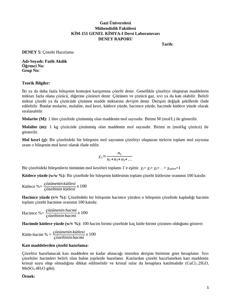 5. Deney-Çözelti Hazırlama-DENEY RAPORUçözüm | PDF