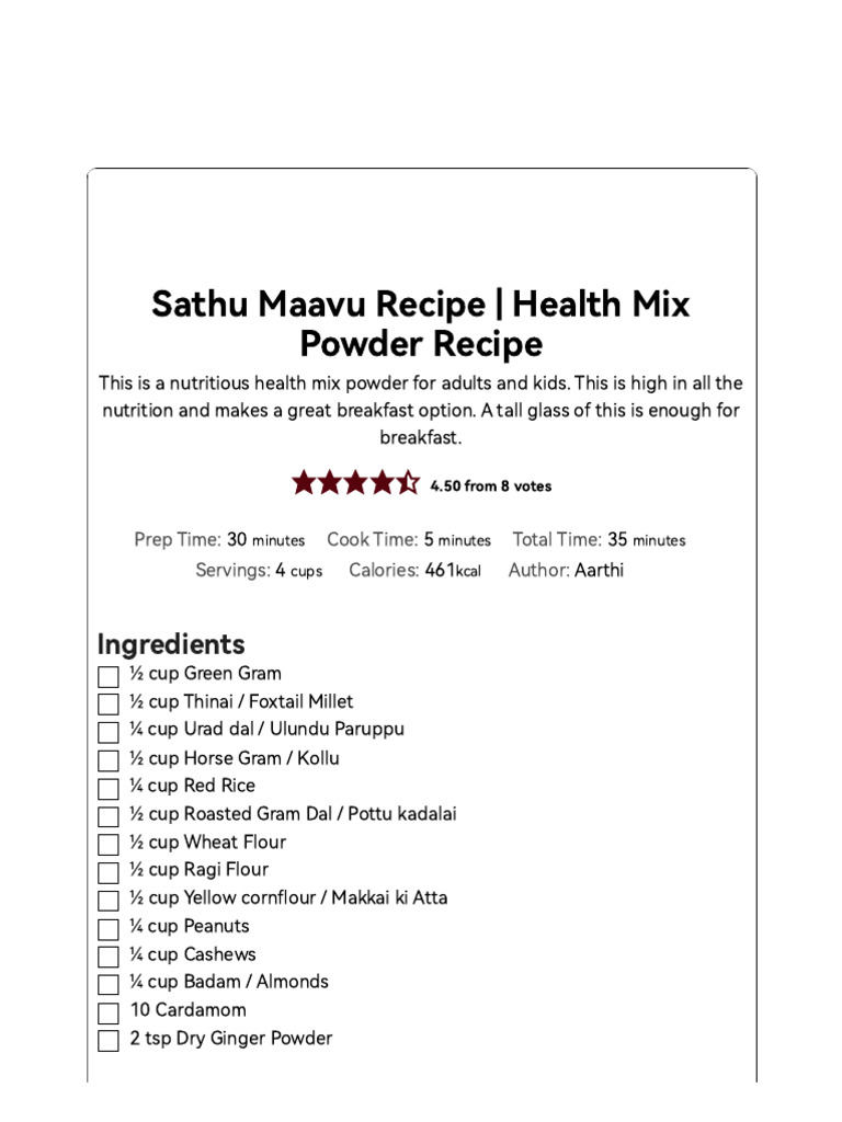 Nutritious Sathu Maavu Health Mix Recipe | PDF
