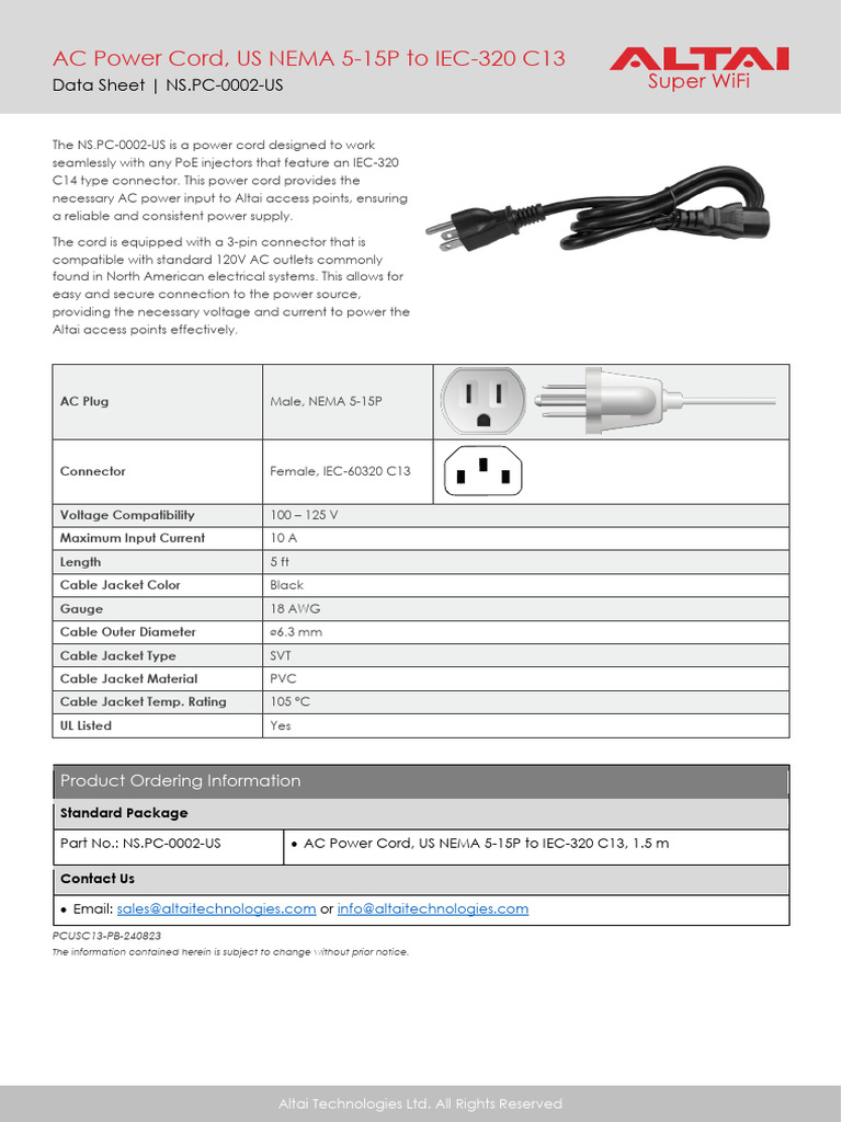 AC Power Cord US C13 DS EN NS - PC-0002-US | PDF