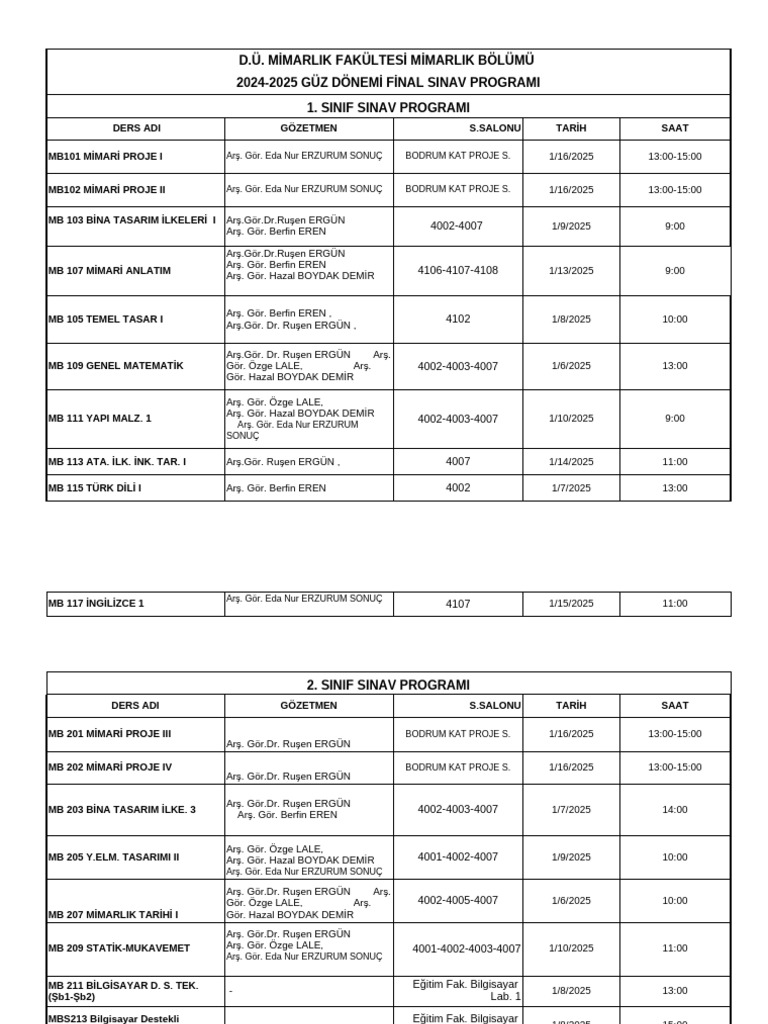 D.ü.mimarlik Fak 2024-2025 Egitim - Ögretim Güz Yariyili Dönemsonu Sinav Programi-1 | PDF