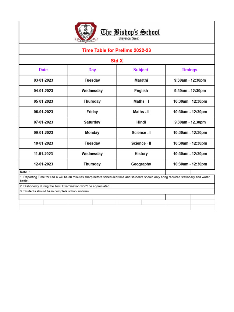 STD X PRELIMS TIME TABLE 2022-23 | PDF