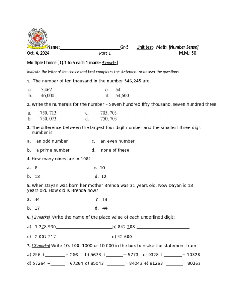 231004-GR5-MAT-022ABC - Unit test-NS - Modified 2023 | PDF | Numbers ...