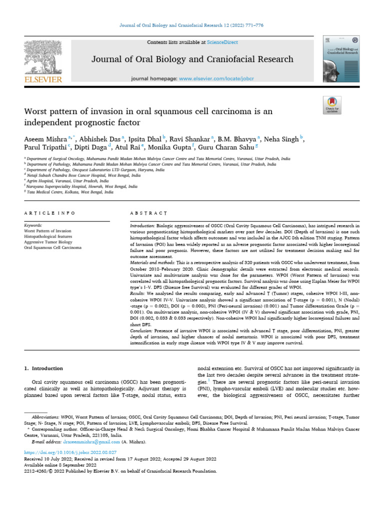 Worst Pattern of Invasion in Oral Squamous Cell Carcinoma Is An ...