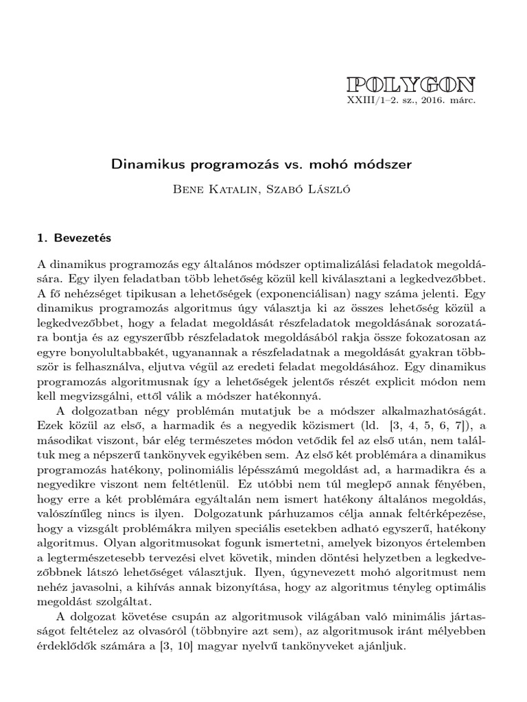 Dinamikus Programozás vs. Mohó Módszer: Bene Katalin, Szabó László | PDF