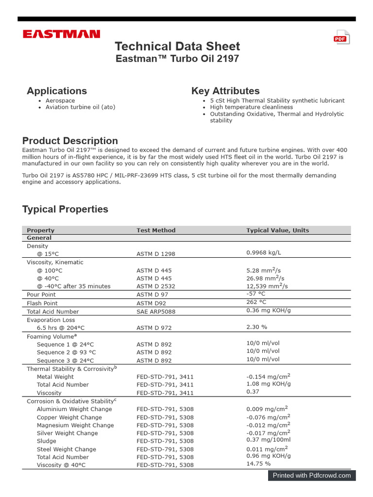 Eastman Turbo Oil 2197 Technical Data Sheet | PDF | Magnesium | Motor Oil